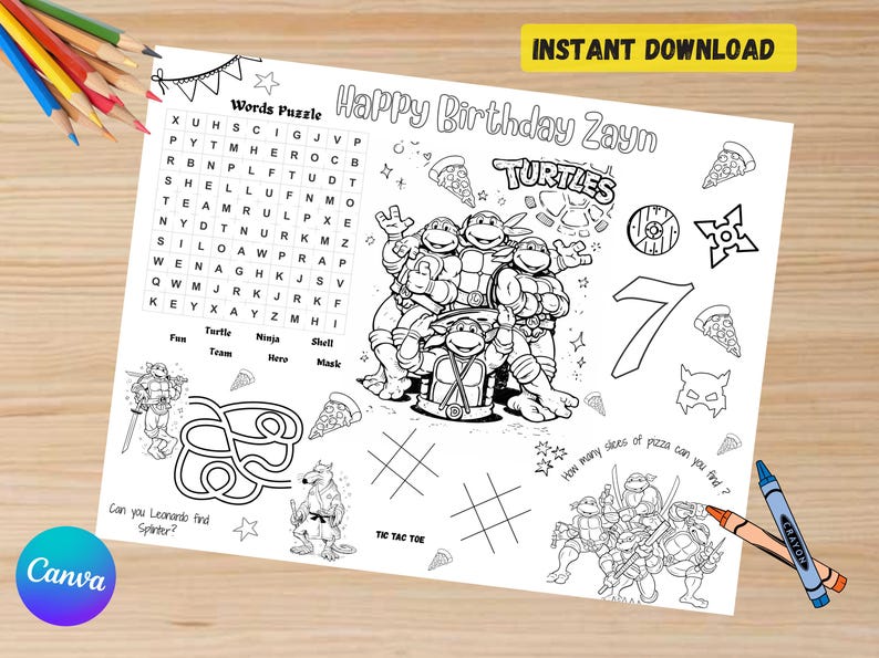 Ninja Turtles Coloring Page | Personalized Kids Placemat | Printable ...