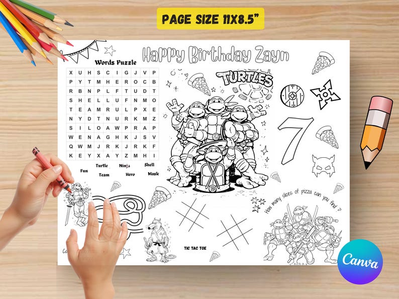 Ninja Turtles Coloring Page | Personalized Kids Placemat | Printable ...