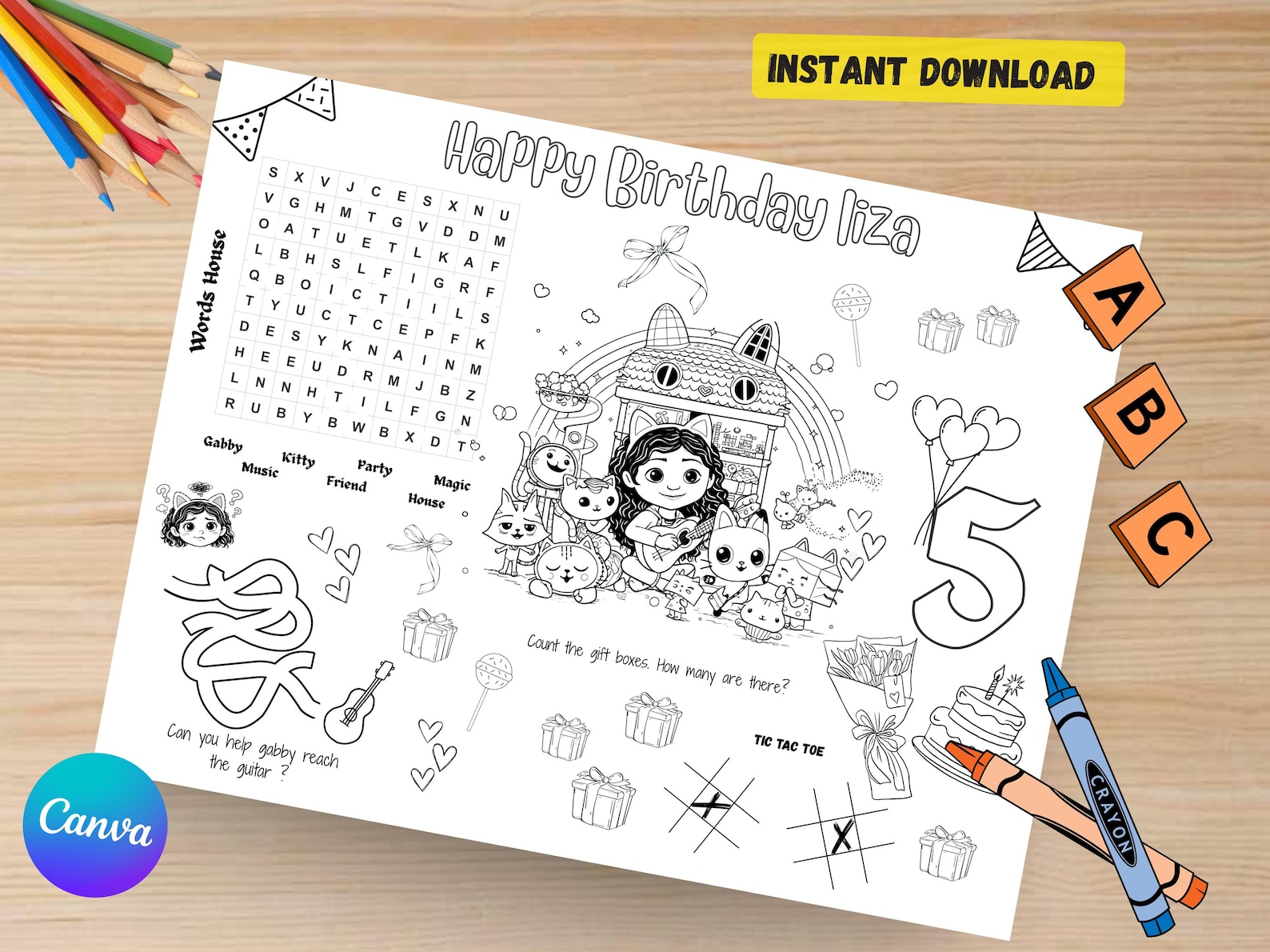 Gabby’s Dollhouse Birthday Coloring Page | Personalized Kids Placemat ...