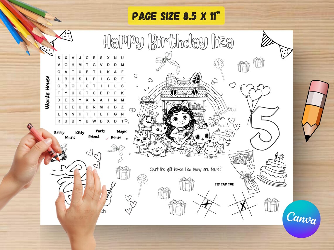 Gabby’s Dollhouse Birthday Coloring Page | Personalized Kids Placemat ...