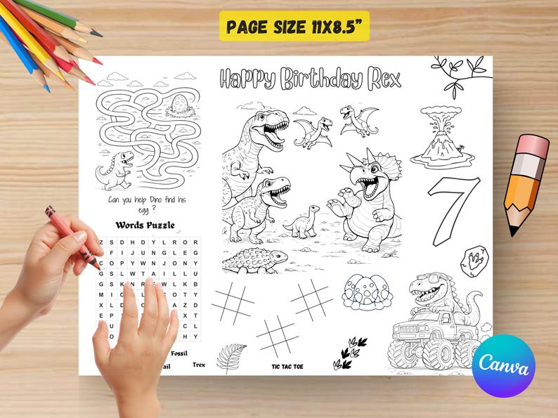 Dinosaur Birthday Coloring Page | Personalized Kids Placemat ...