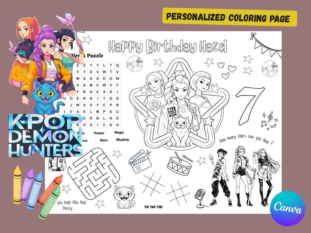K-pop Demon Hunters Birthday Coloring Page | Personalized Kids Placemat ...