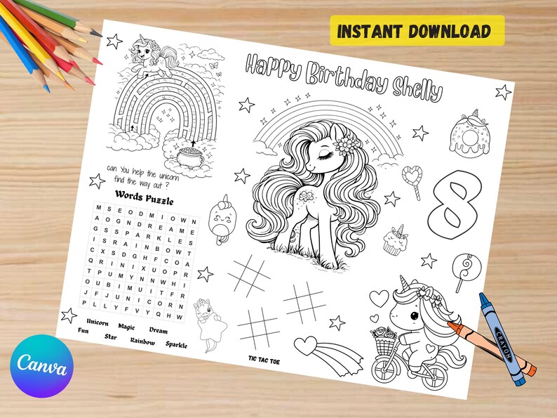 Unicorn Birthday Coloring Page | Personalized Kids Placemat | Printable ...