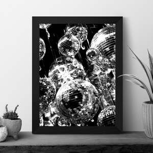 Funky Disco Ball 70s Poster, Black and White Wall Art, Disco Ball Art ...