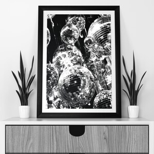Funky Disco Ball 70s Poster, Black and White Wall Art, Disco Ball Art ...