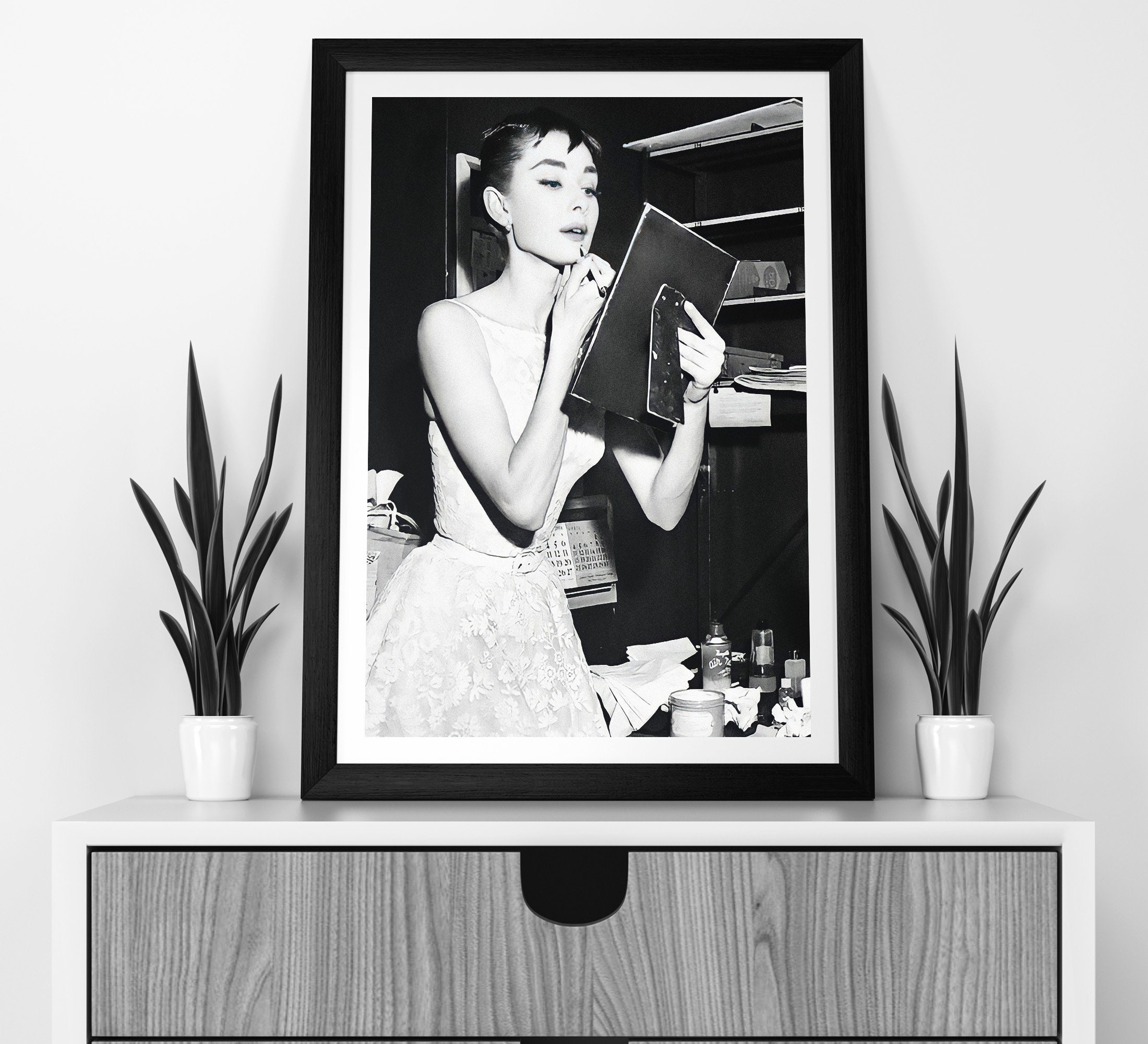 Audrey Hepburn Makeup in Vanity, Poster, Black and White Wall Art ...