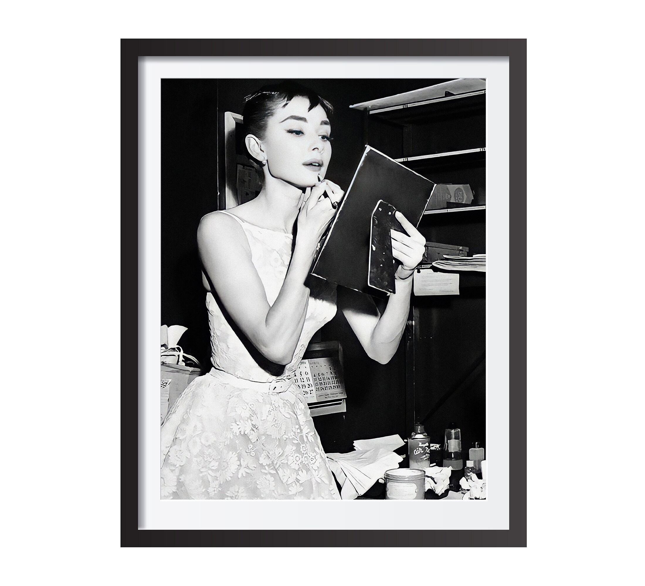 Audrey Hepburn Makeup in Vanity, Poster, Black and White Wall Art ...