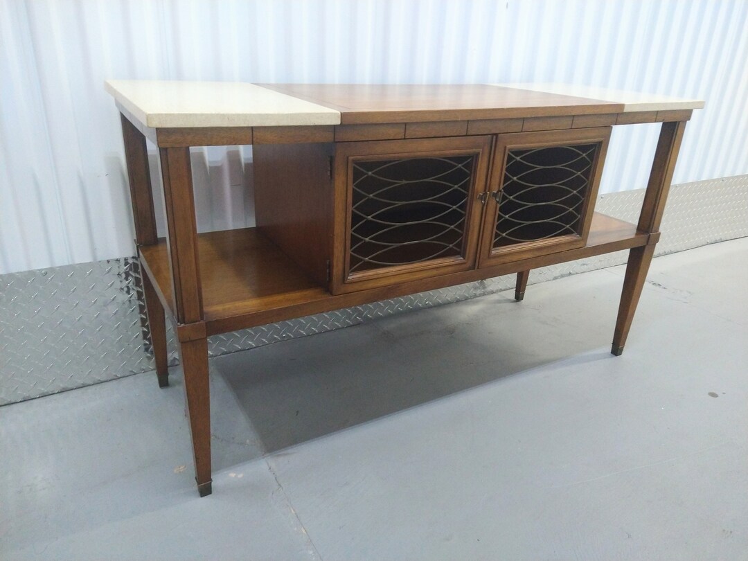 Vintage Drexel Console Table With Travertine Top and Two Doors - Etsy