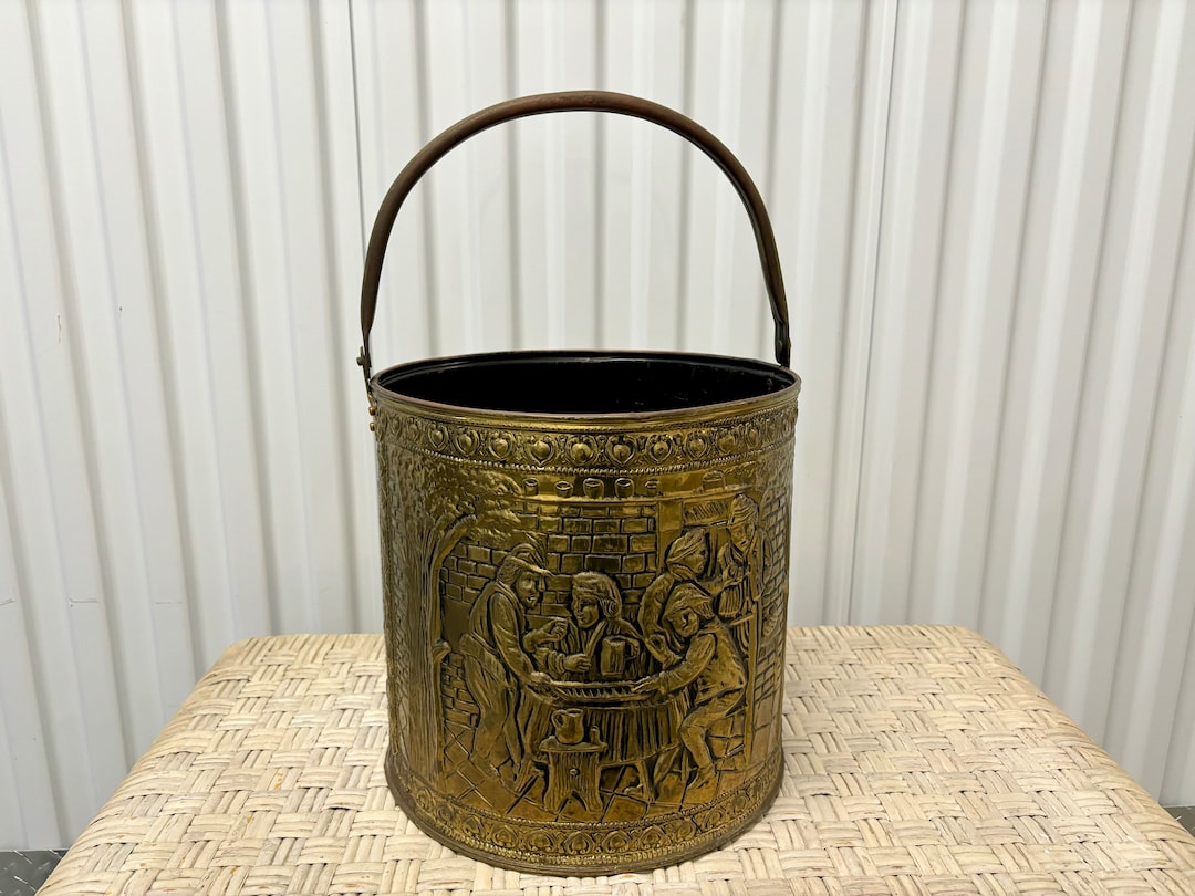 Vintage English Embossed Brass Fireplace Coal Bucket, Large Brass ...