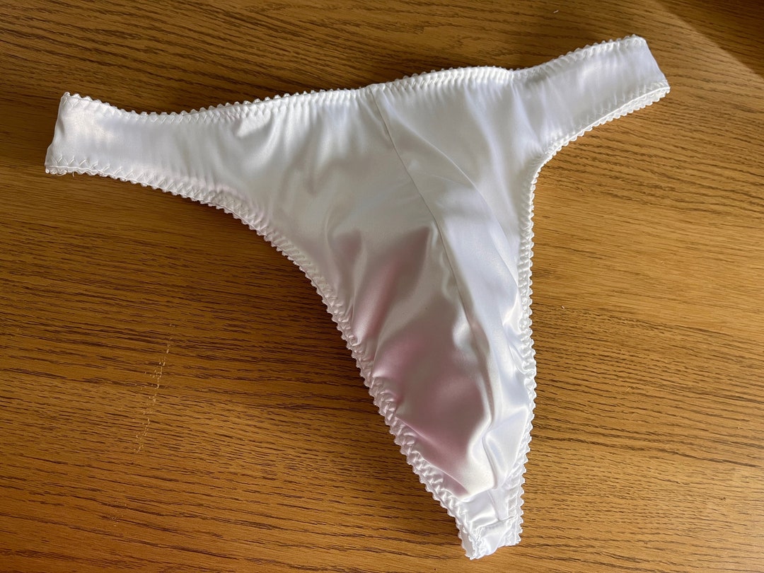 Mens Itallian Stretch White Satin Thong With Pouch in Sizes 28” to 38 ...