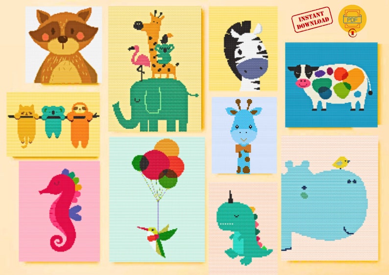Set of 10 Pieces Animals Easy Cross Stitch PDF Patterns, Nursery Decor ...