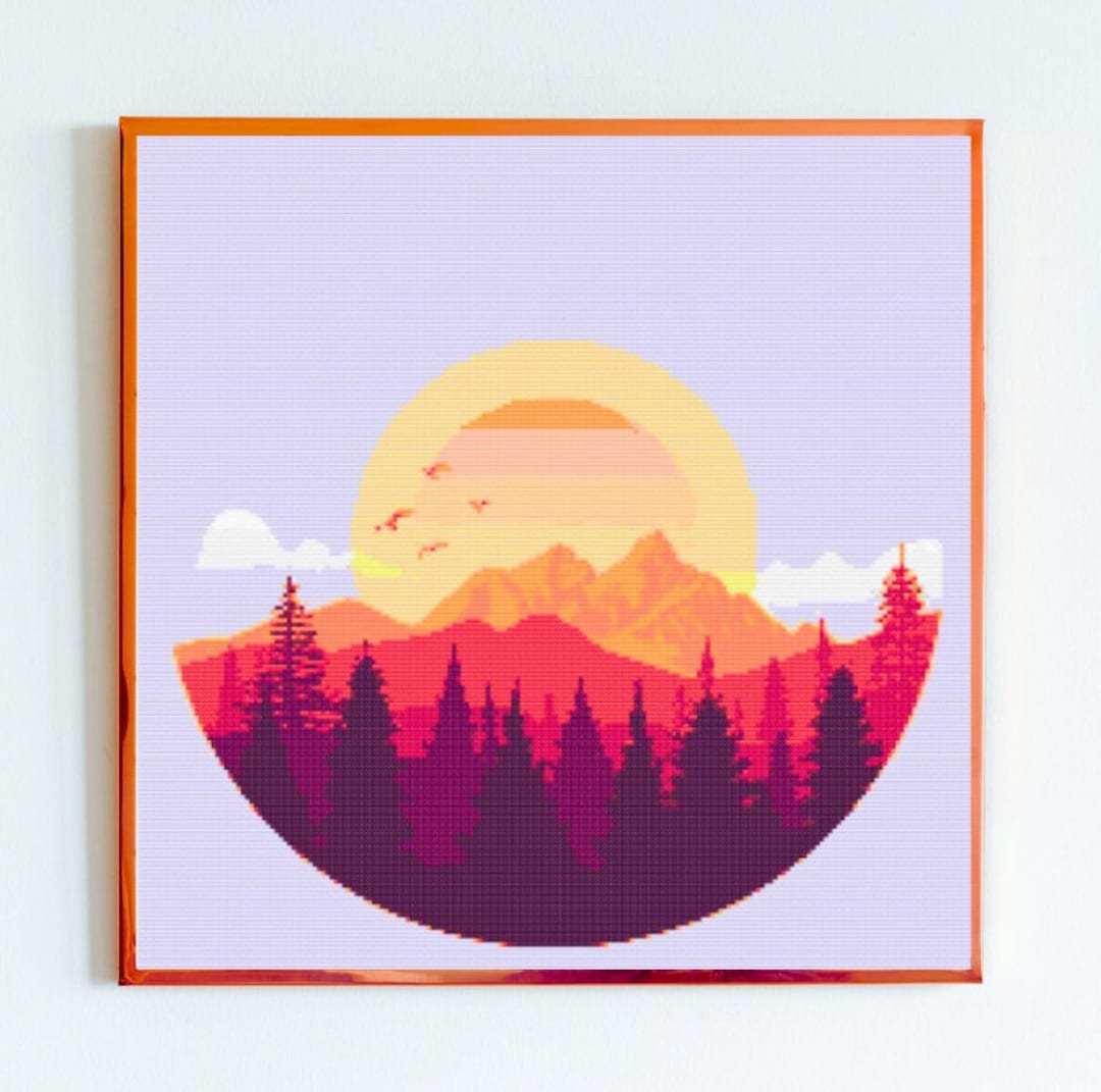 Nature Cross Stitch Pattern With Mountains in Sunset, Rural Embroidery ...