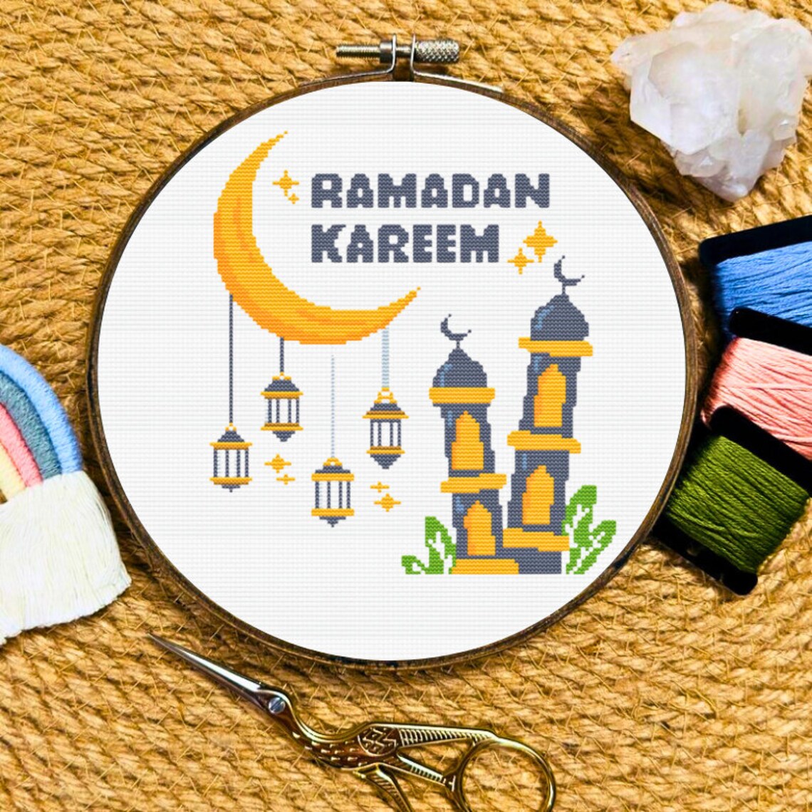 Ramadan Kareem Islamic Crescent Minarets Cross Stitch Pattern, Moroccan Lanterns Embroidery ...
