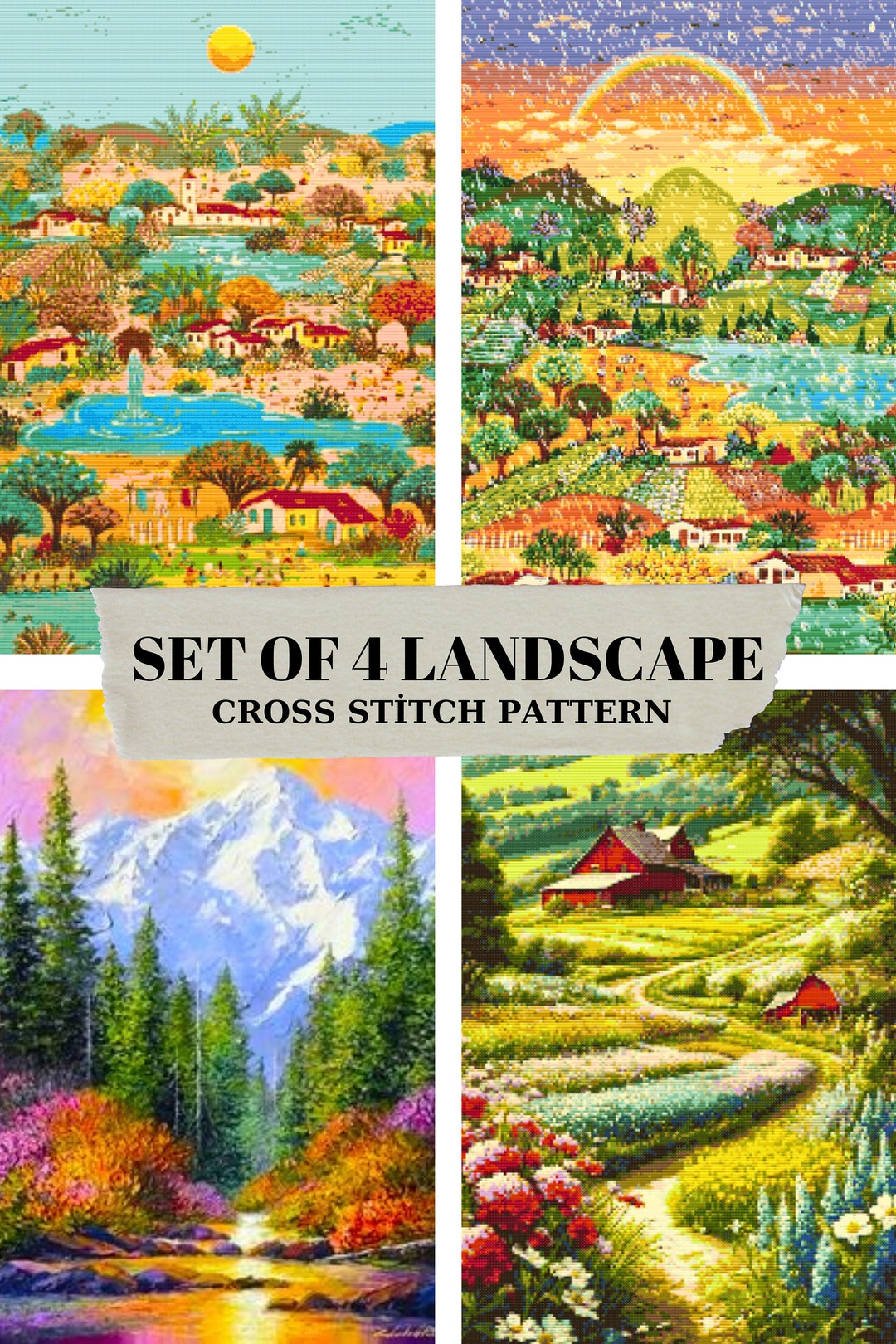 Landscape Cross Stitch Pattern, SET OF 4 Nature Counted Cross Stitch ...