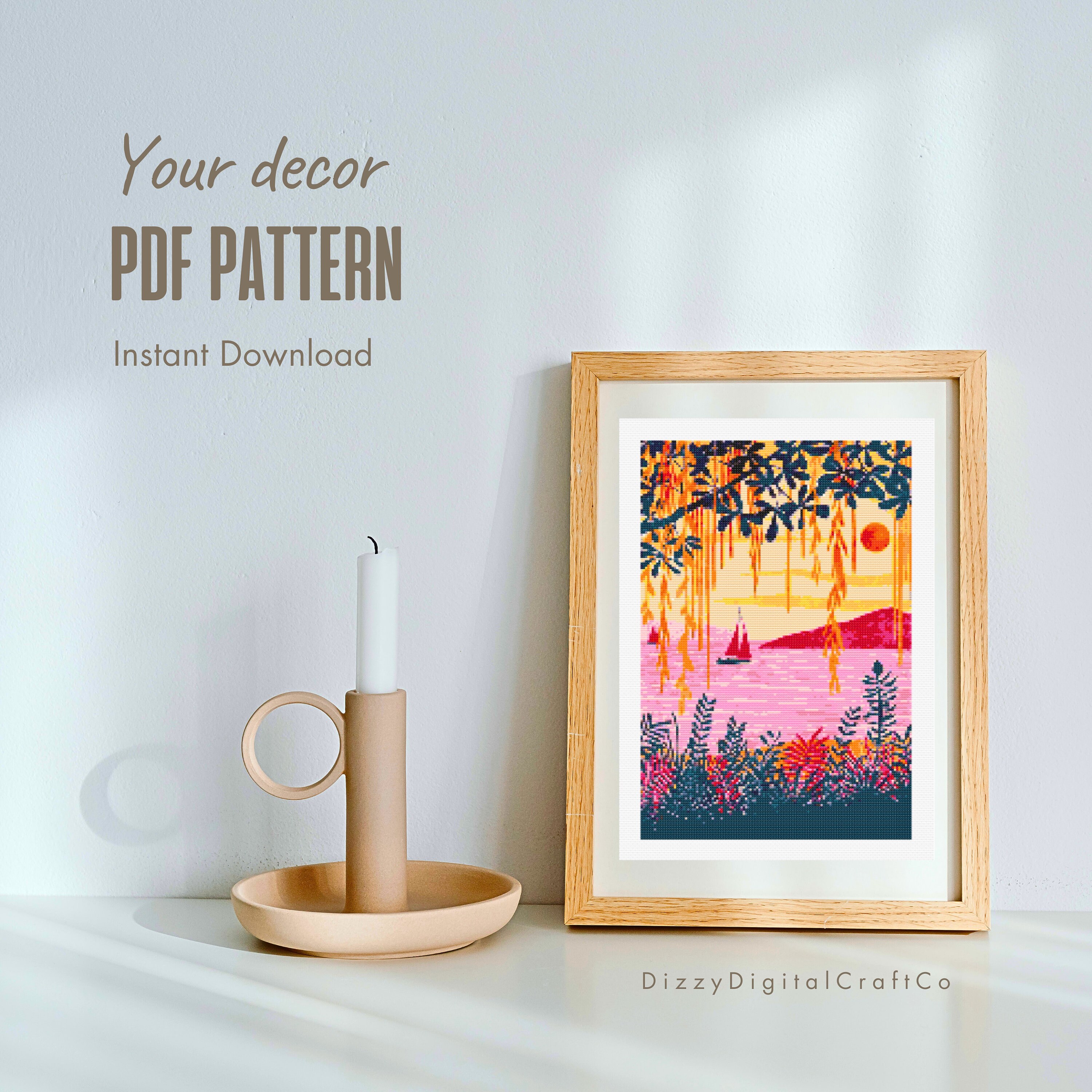 Sunset Landscape Cross Stitch Pattern, Ocean Mountains Embroidery ...