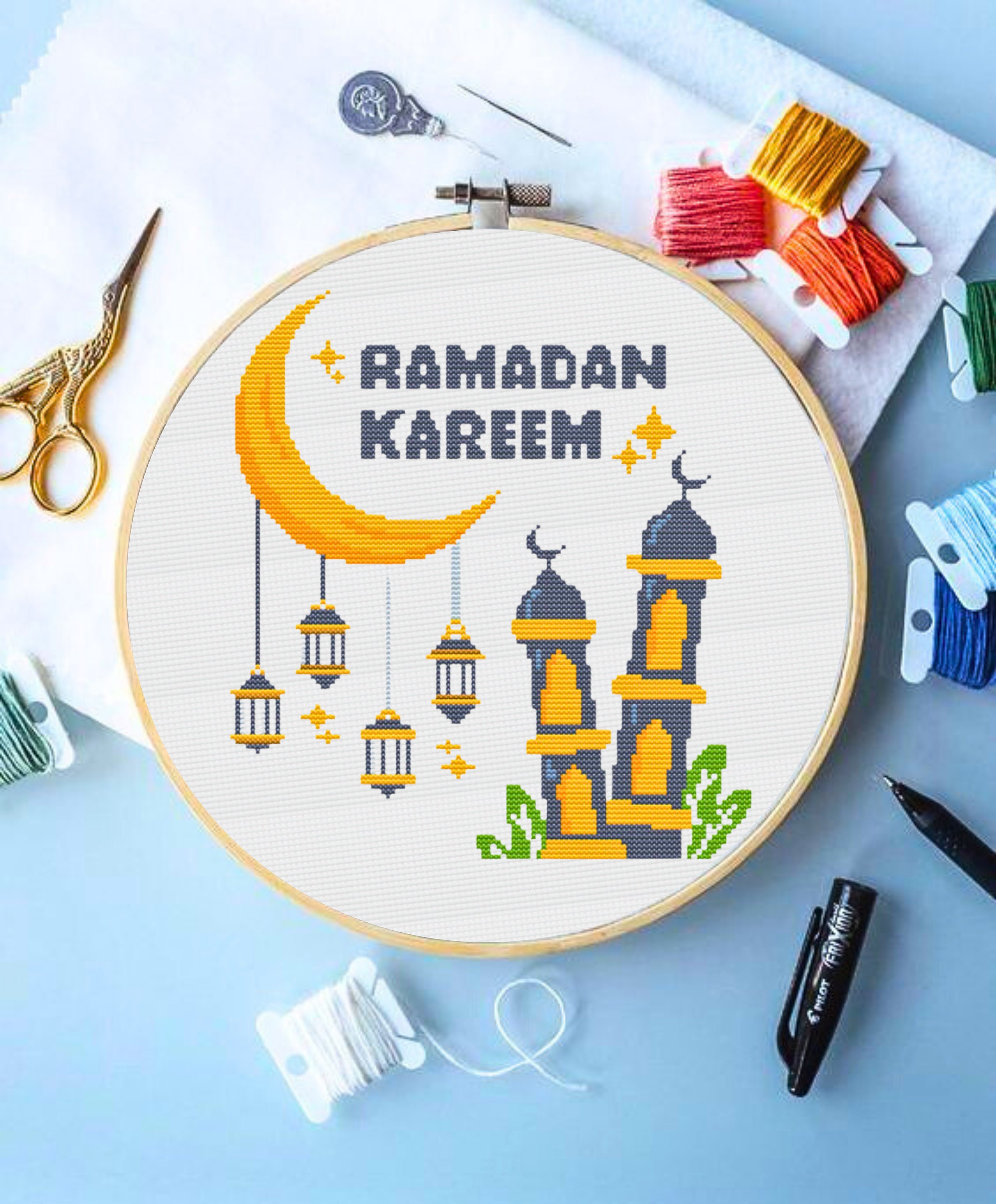 Ramadan Kareem Islamic Crescent Minarets Cross Stitch Pattern, Moroccan ...