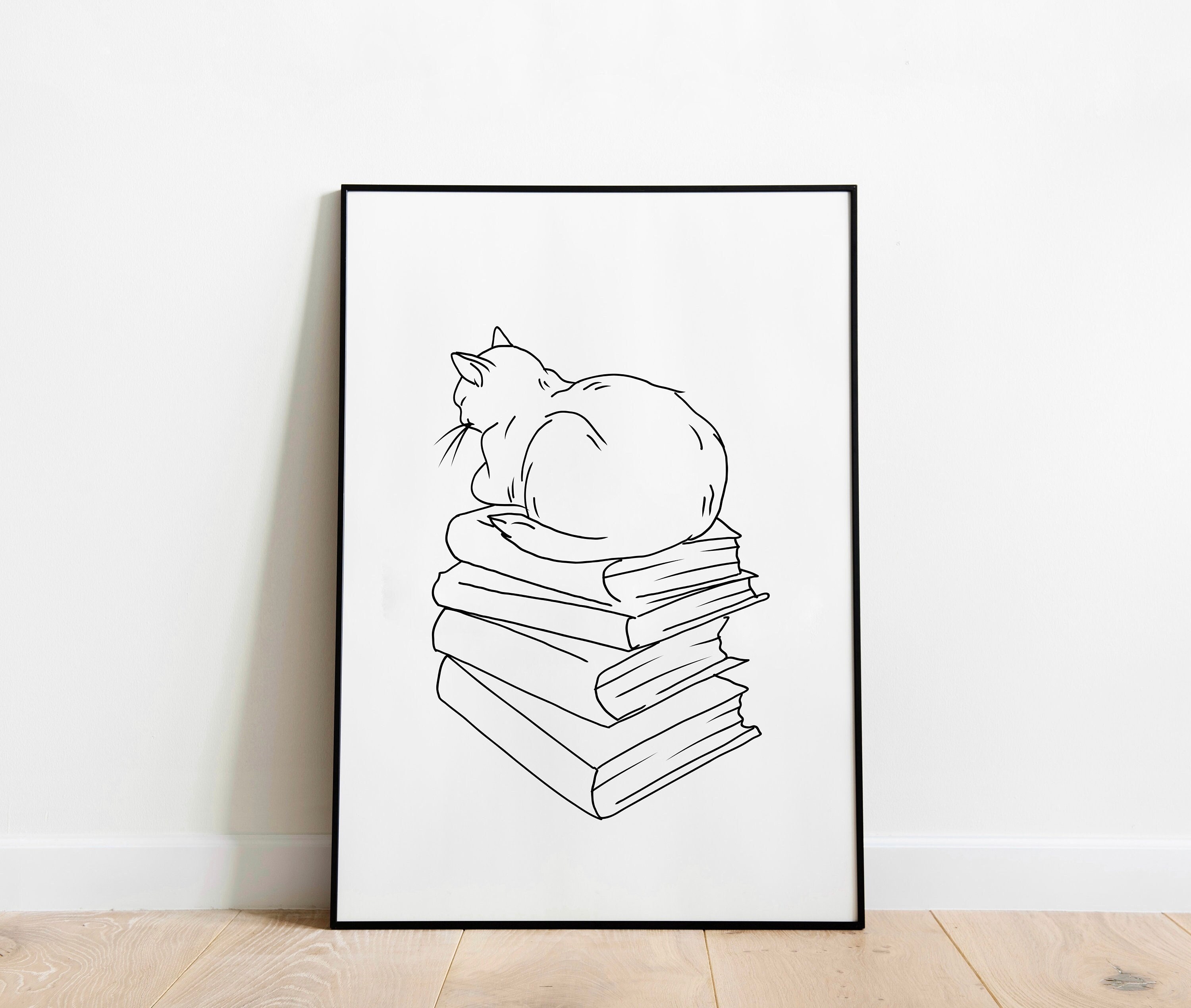 Cat on Books Line Art, Minimalist Cat Art, Books Outline Drawing, Cute ...