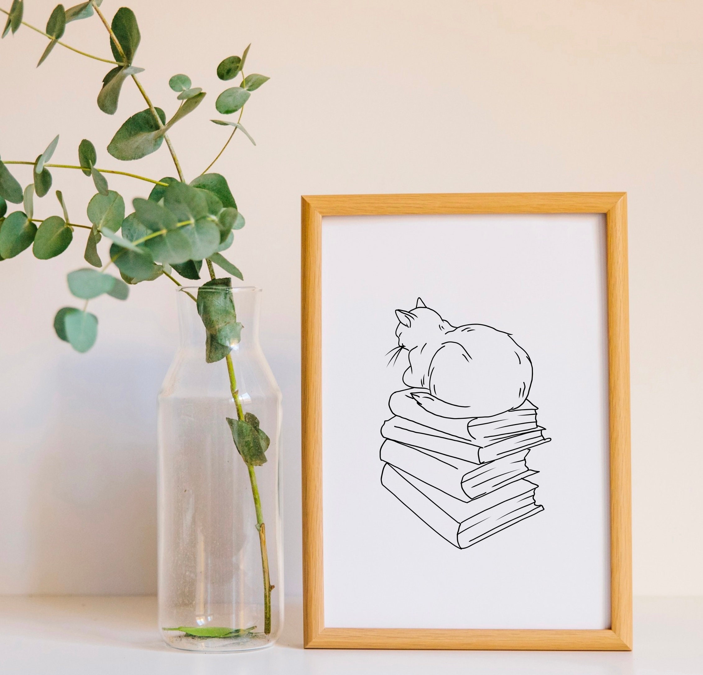 Cat on Books Line Art, Minimalist Cat Art, Books Outline Drawing, Cute ...