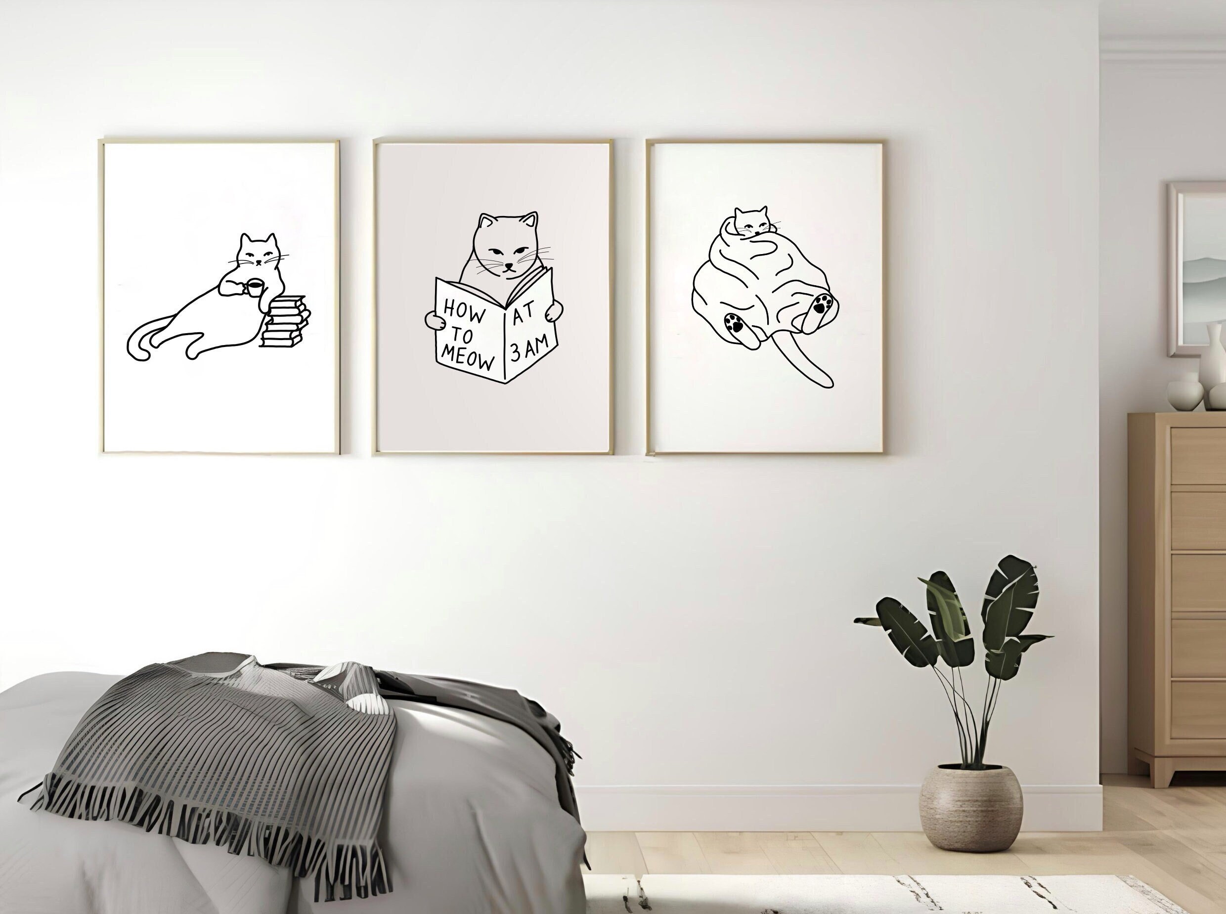 Cats Line Drawing Art, Funny Cat Poster Set of 3, Minimalist Pets Line ...