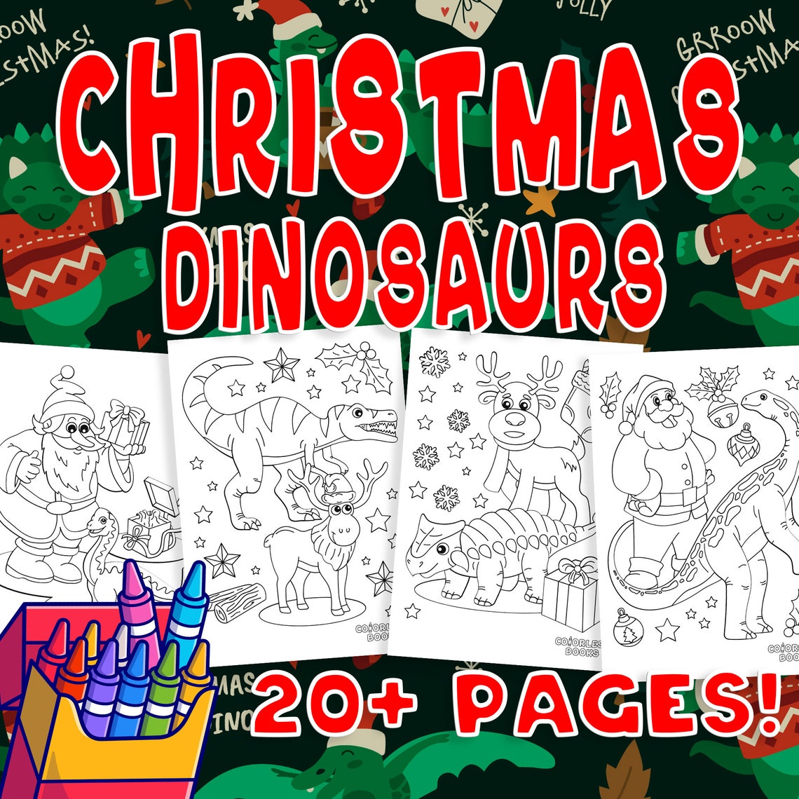 21 Christmas Dinosaurs Coloring Pages, Christmas Printable, Christmas ...