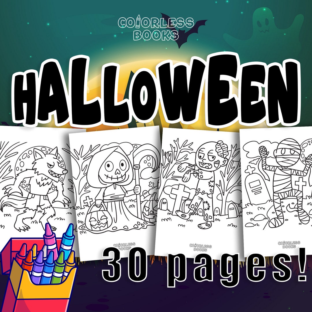 Halloween V6 Grayscale Coloring Pages for Kids, Dark and Light Version ...