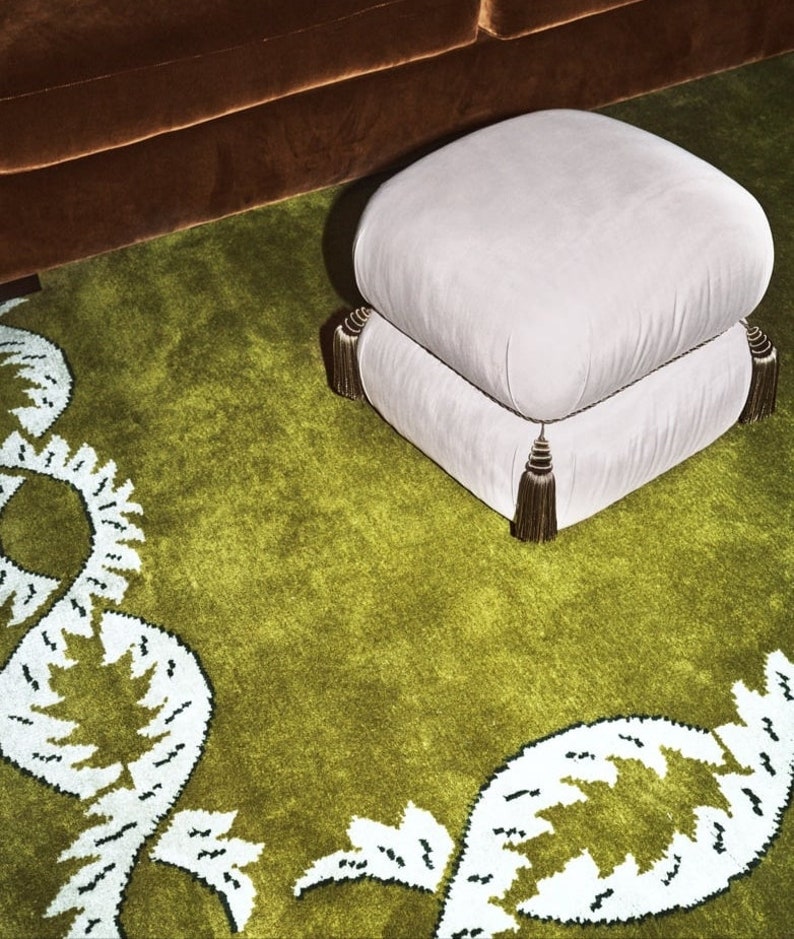 Handmade Olive Green Wool Area Rug Hand Tufted Climbing Vine Carpets ...