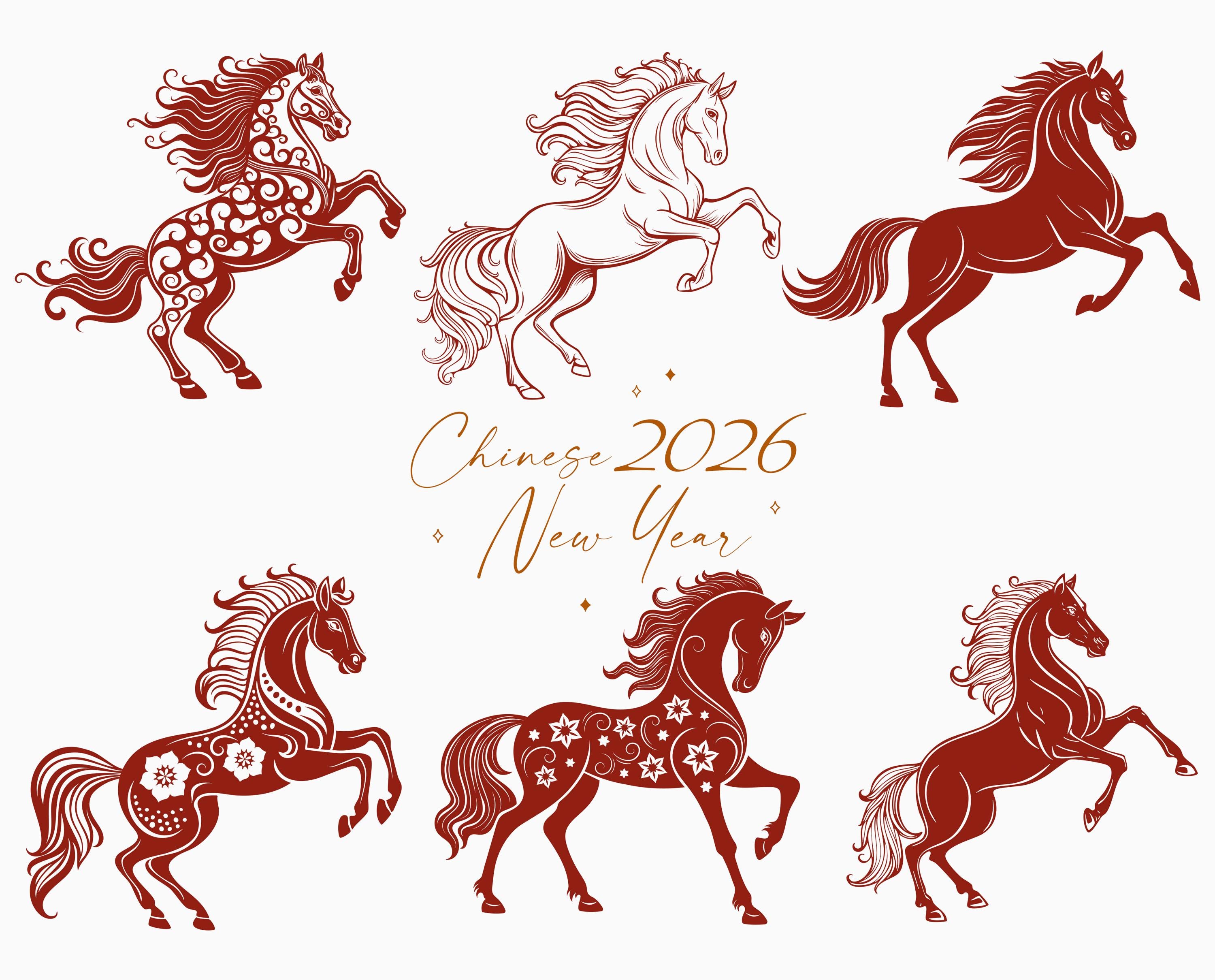 Chinese Zodiac Horse 2026 SVG. Lunar New Year Horses Silhouette Clipart ...