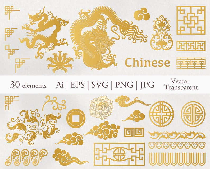 Chinese Vector Digital Clipart. Asian Ornament. Golden Dragon. Ai, EPS ...