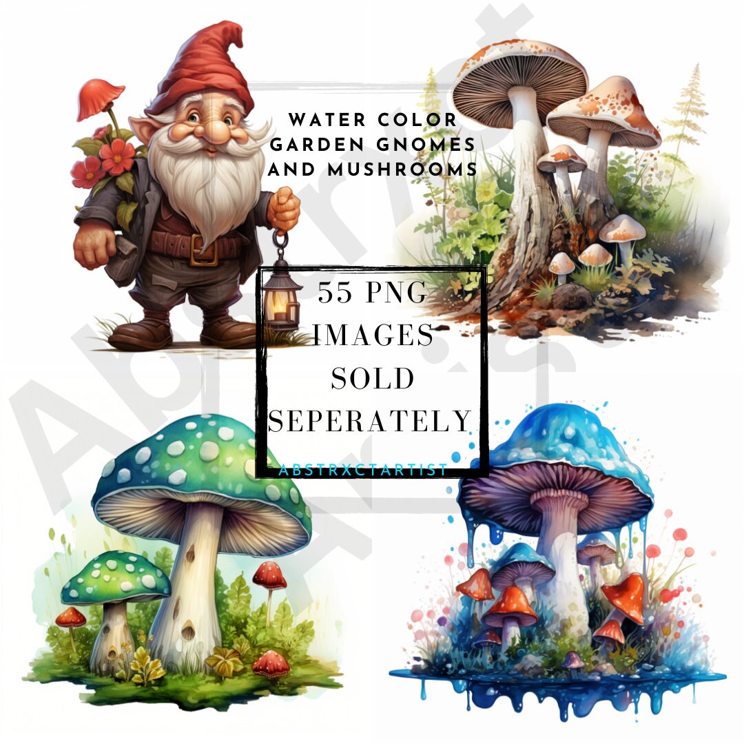 Watercolor Mushroom & Garden Gnomes Clipart Cute Forest Toadstools and ...