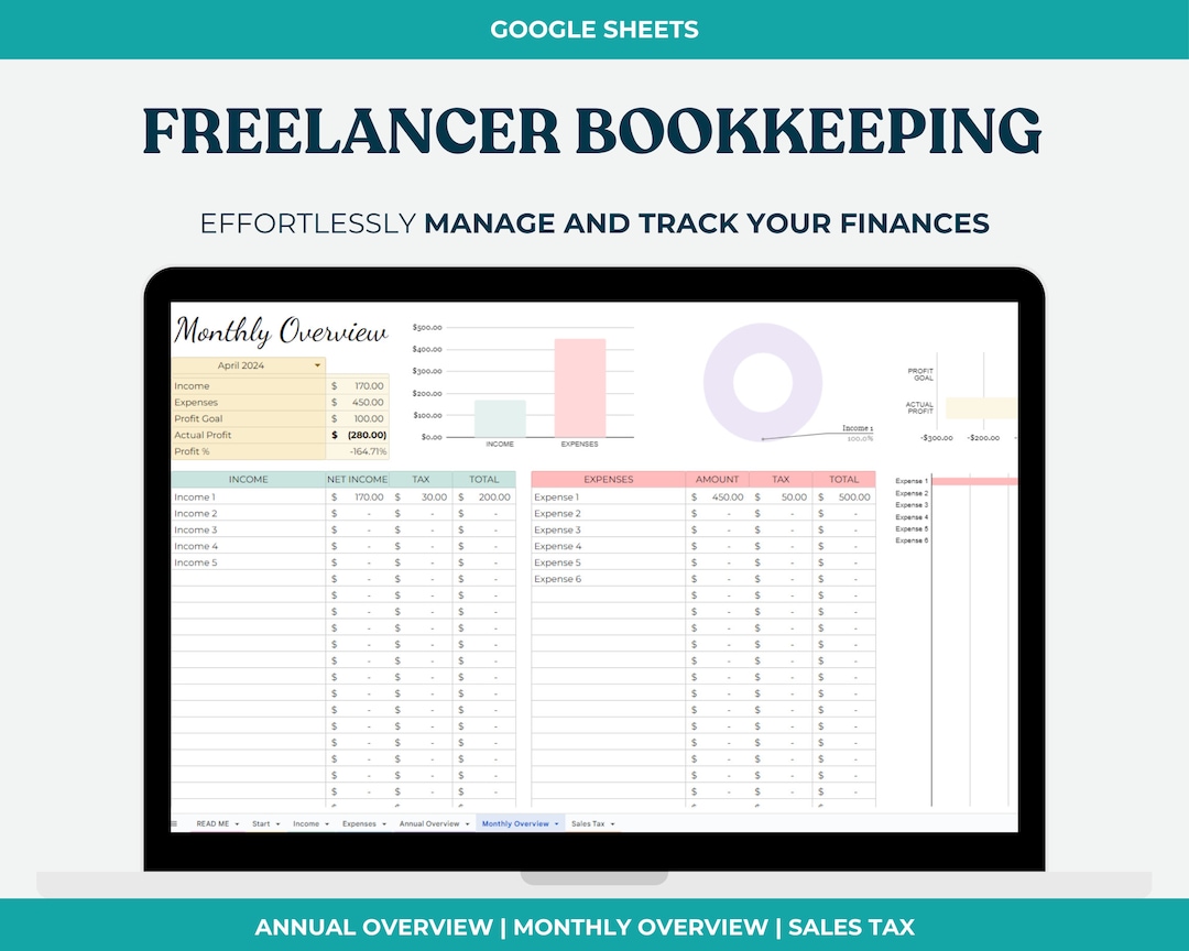 Bookkeeping Template, Freelancer, Track Business Income and Expenses ...