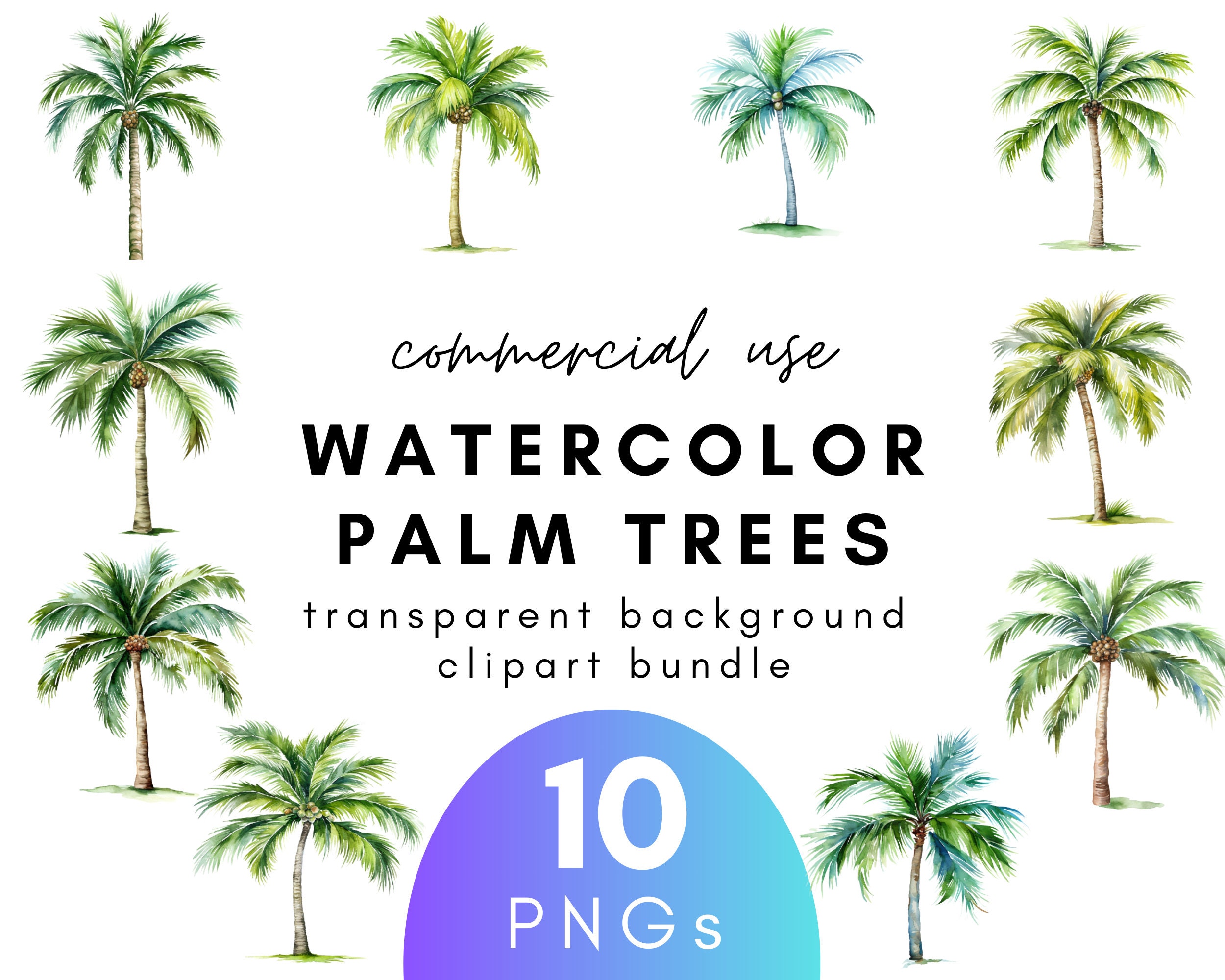 Watercolor Palm Tree Clipart- 10 Transparent Background PNG Commercial ...