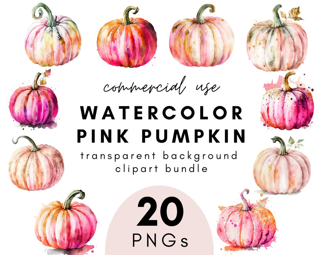 Fall Watercolor Pink Pumpkin Clipart- 20 Transparent Background PNG ...