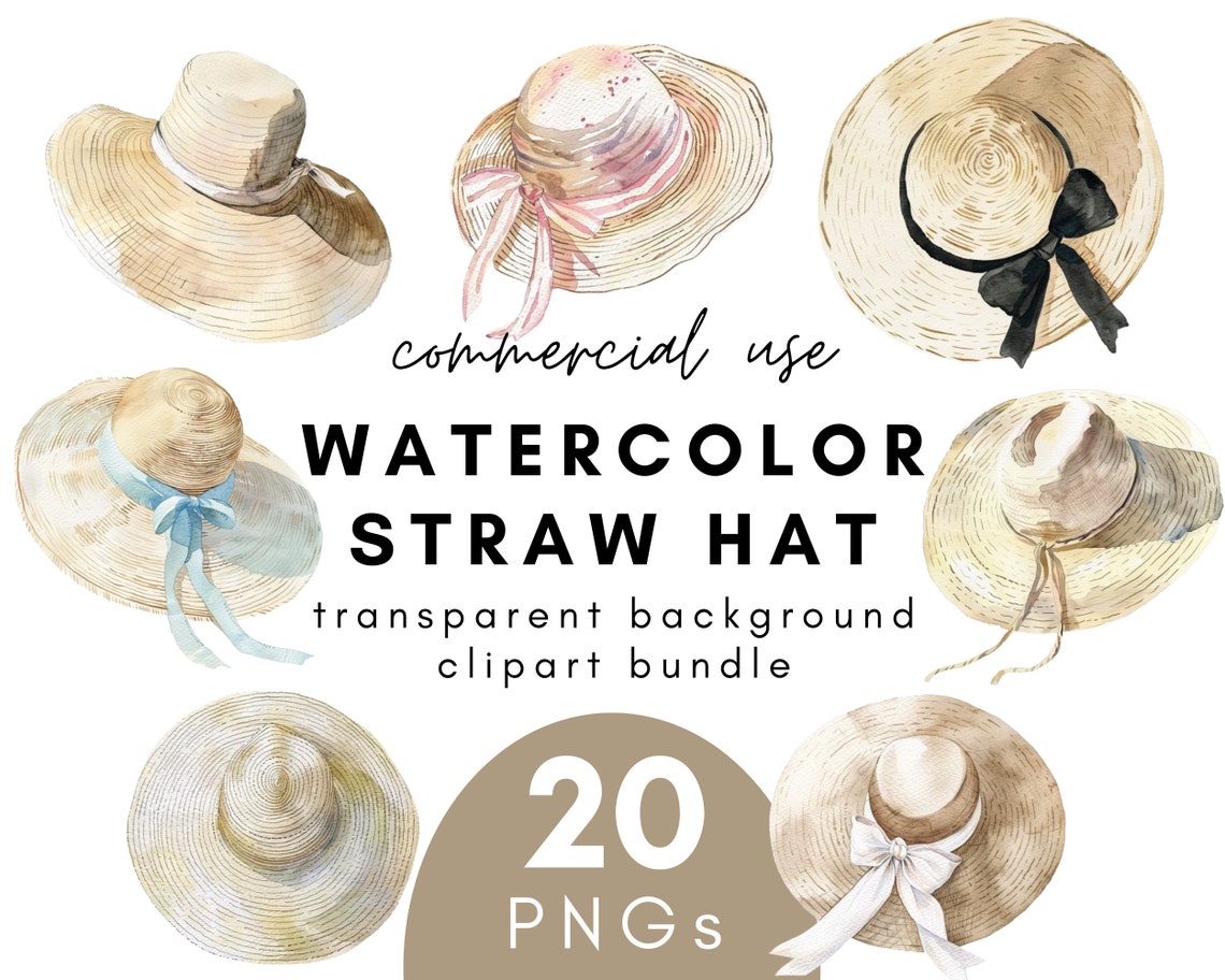 Watercolor Summer Hat Clipart- 20 Transparent Background PNG Commercial ...