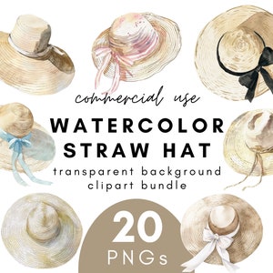 Watercolor Summer Hat Clipart- 20 Transparent Background PNG Commercial ...