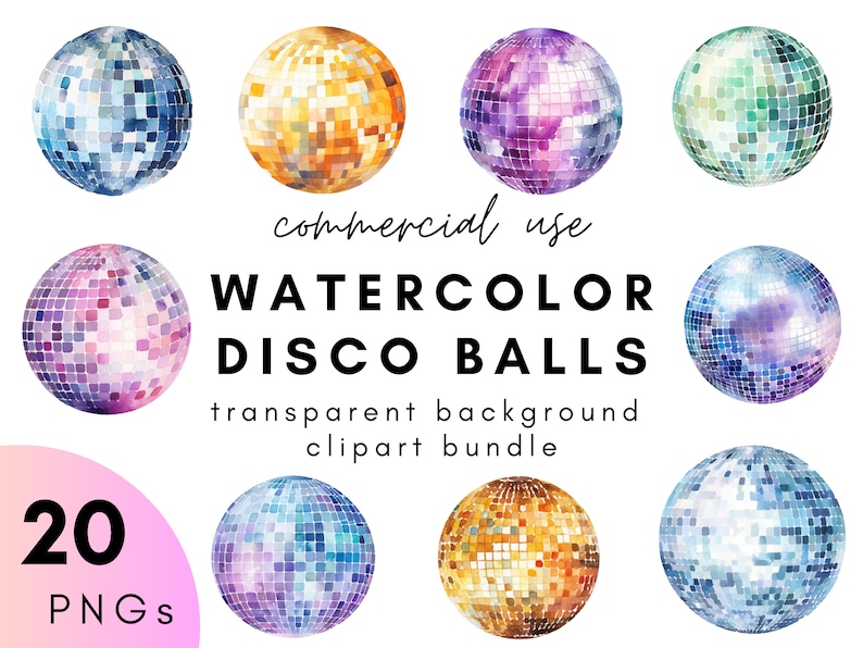 Watercolor Disco Ball Clipart 20 Transparent Background PNG - Etsy