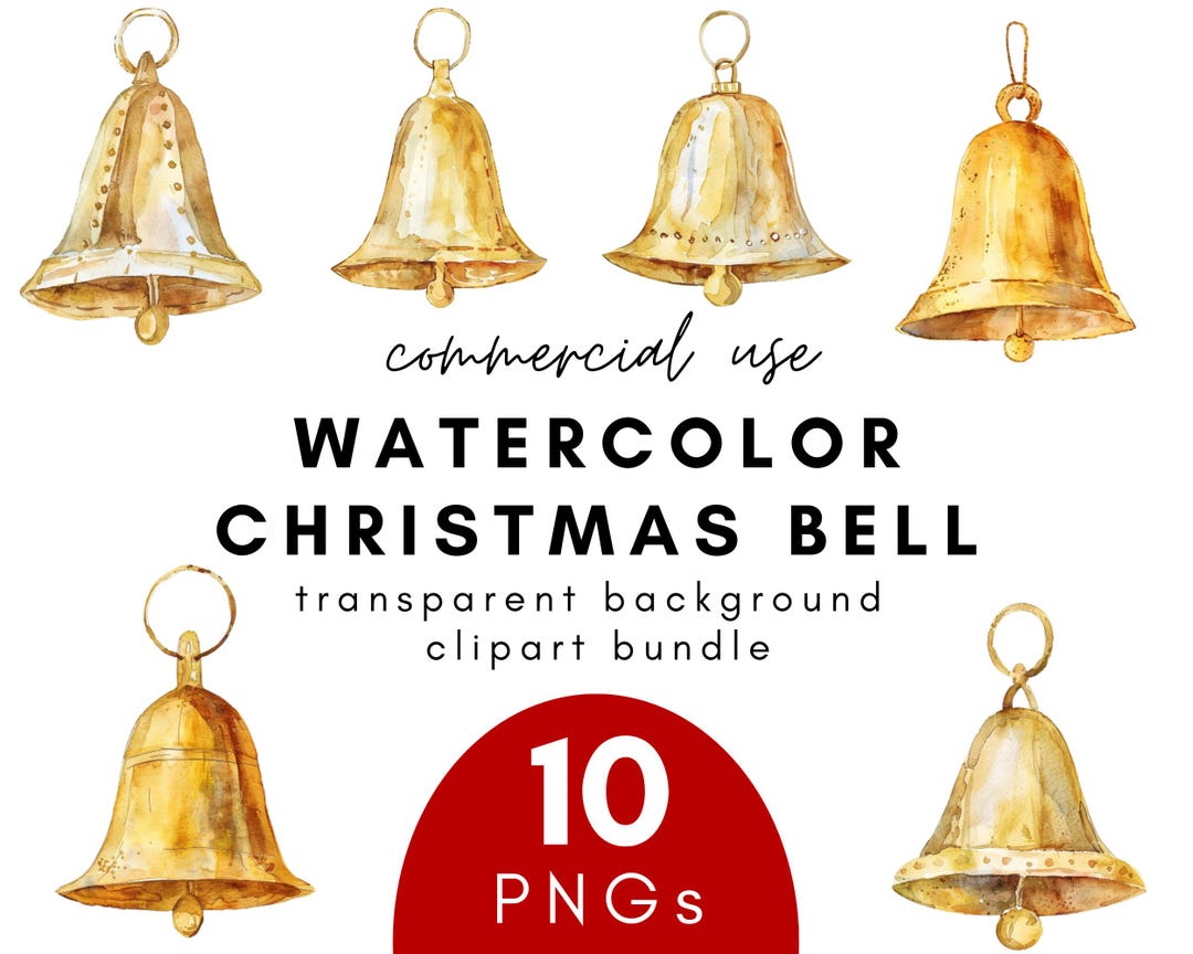 Watercolor Christmas Bell Clipart- 10 Transparent Background PNG ...