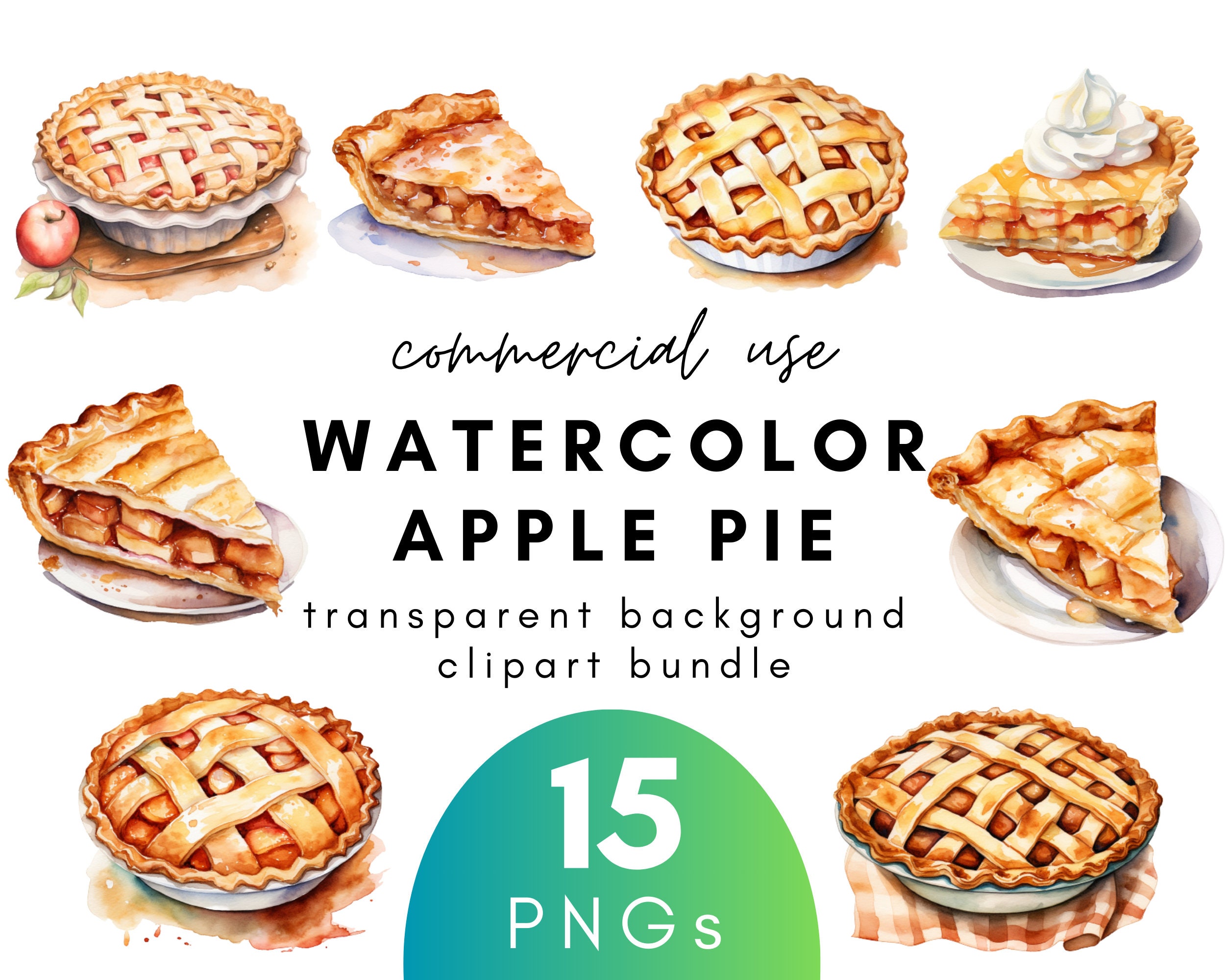 Autumn Watercolor Apple Pie Clipart- 15 Transparent Background PNG ...