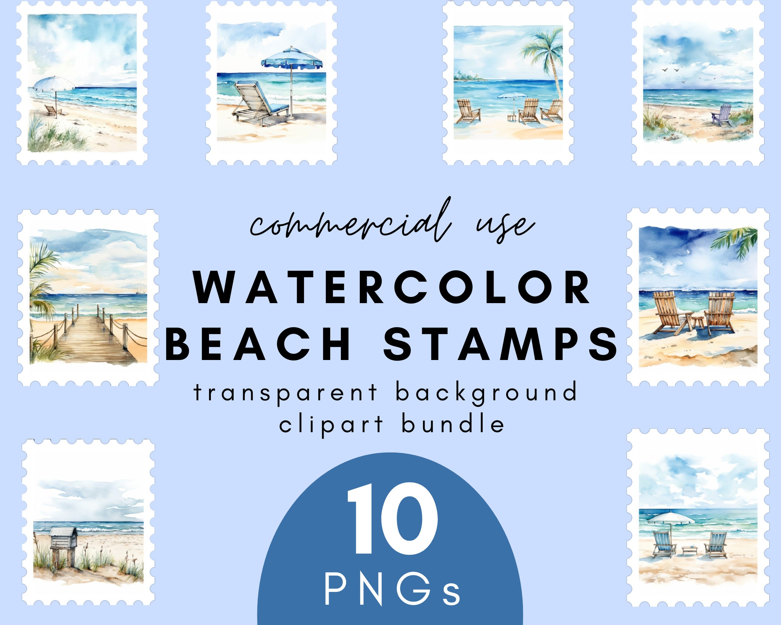 Beachy Watercolor Stamps Clipart- 10 Transparent Background PNG ...