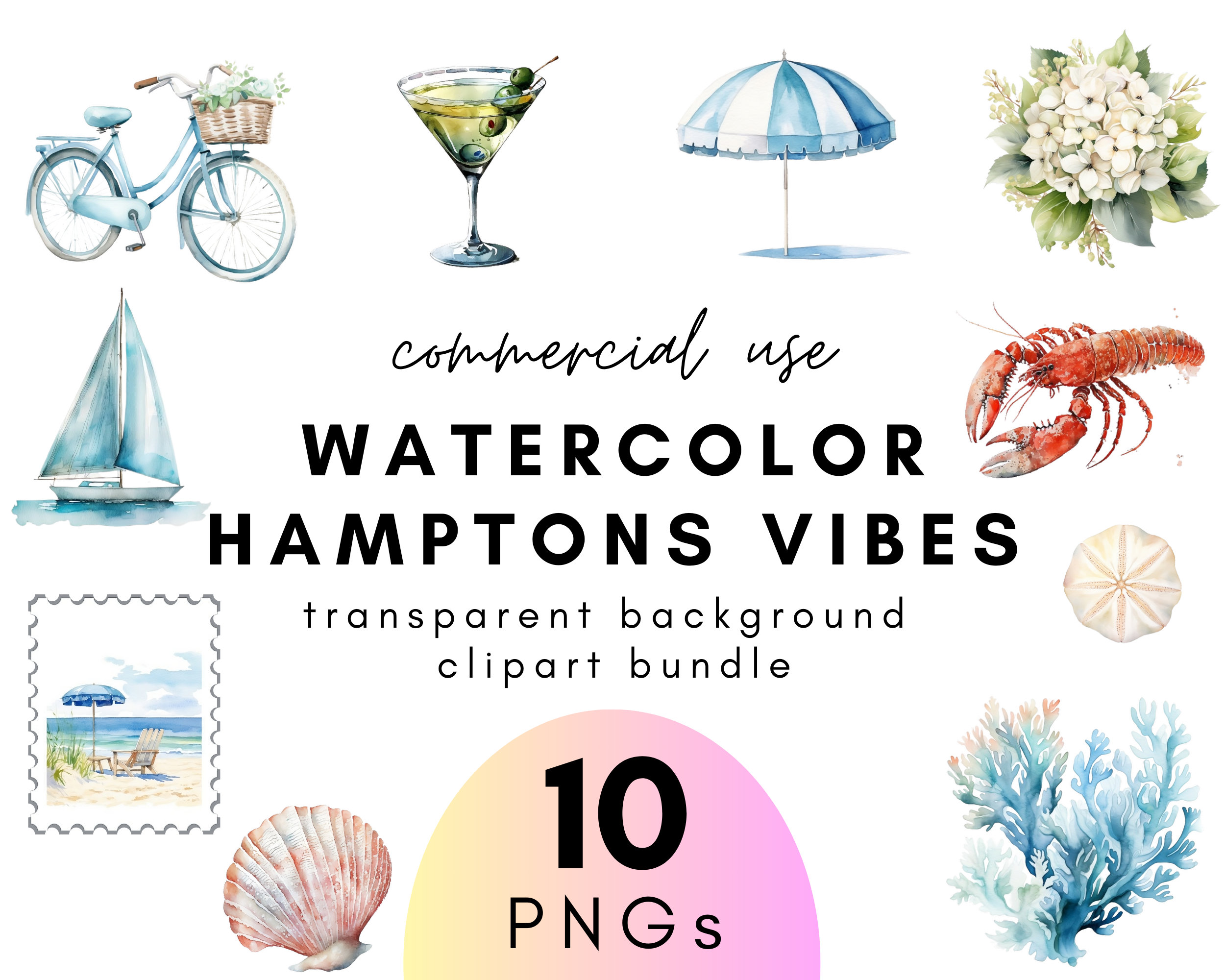 Watercolor Hamptons Aesthetic Clipart- 10 Transparent Background PNG ...