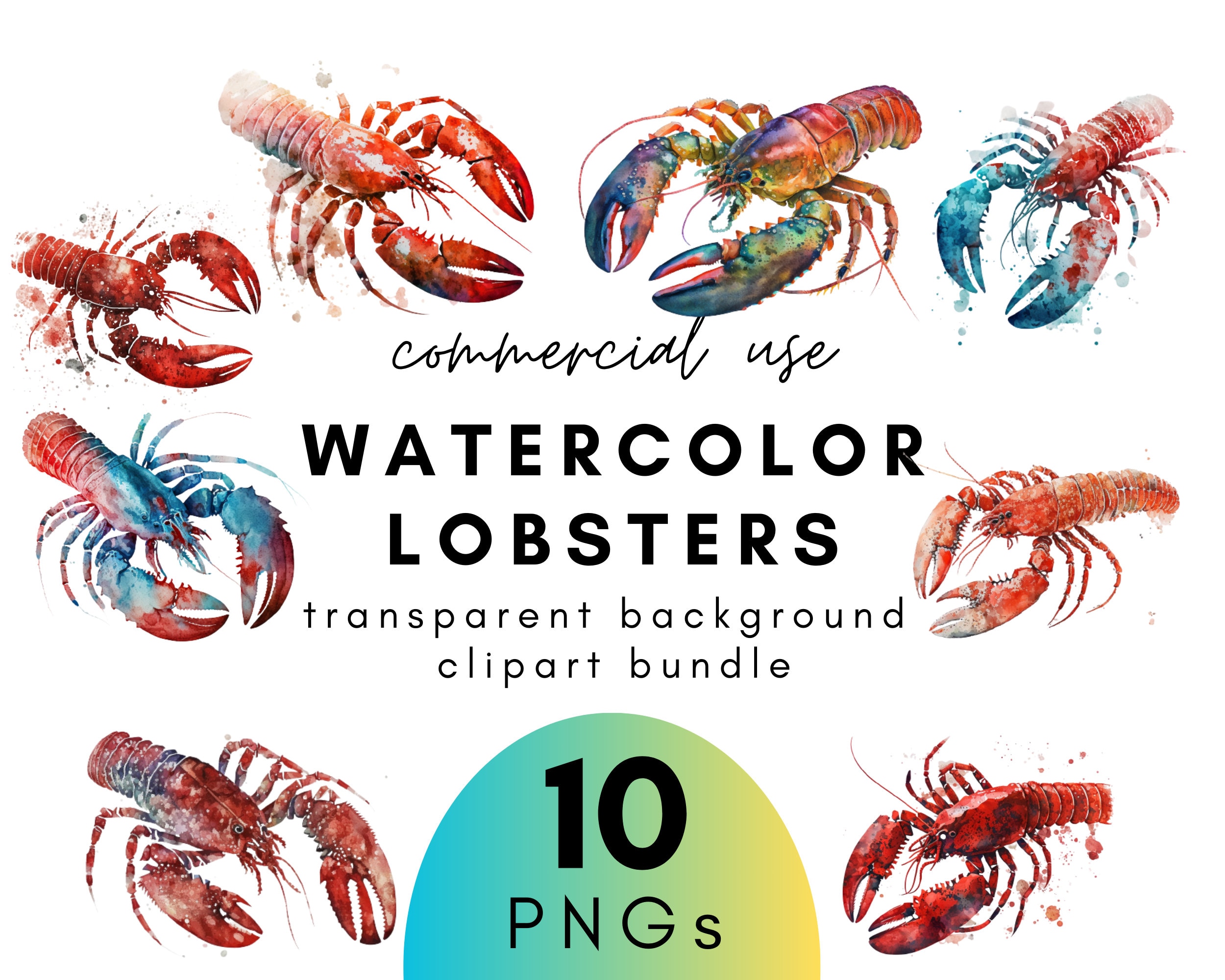 Nautical Watercolor Lobster Clipart- 10 Transparent Background PNG ...