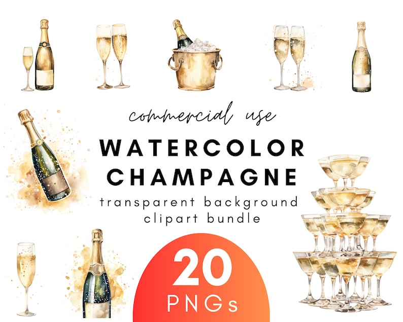 Elegante acuarela Champagne Clipart 20 Fondo transparente PNG Uso ...