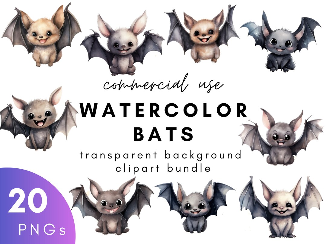 Cute Watercolor Bat Clipart 20 Transparent Background PNG - Etsy
