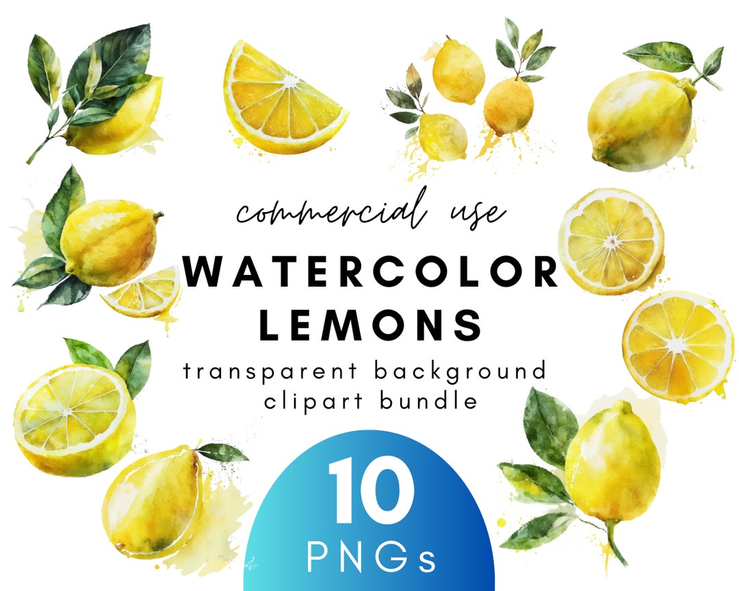 Watercolor Lemon Clipart- 10 Transparent Background PNG Commercial Use ...