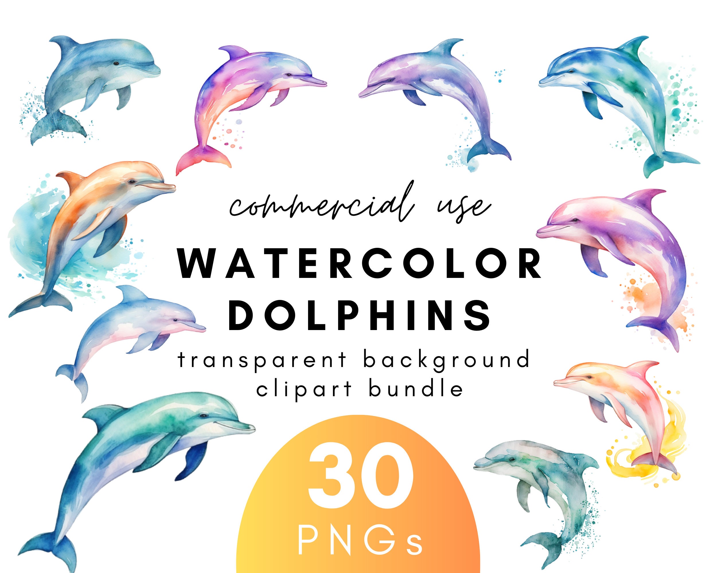 Colorful Watercolor Dolphin Clipart- 30 Transparent Background PNG ...