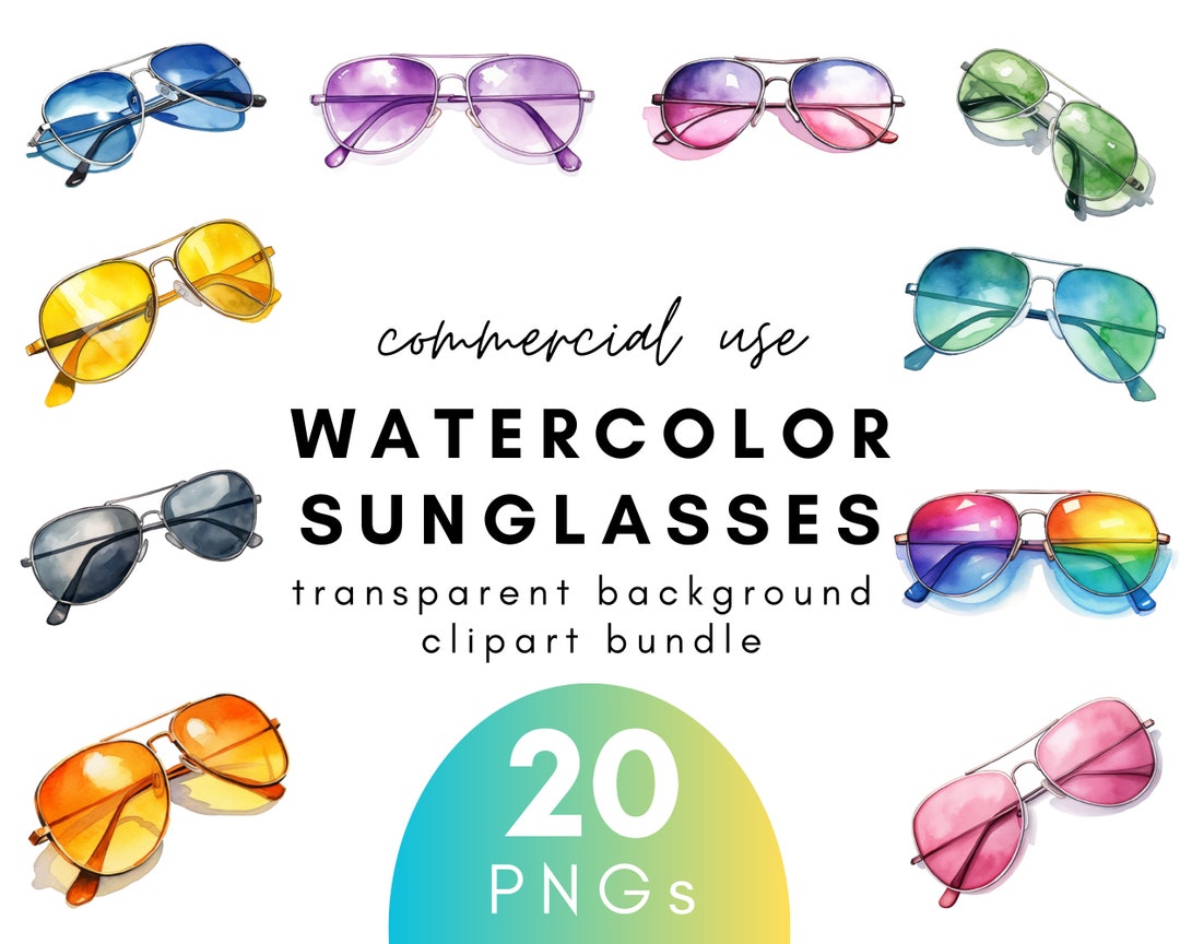 Colorful Watercolor Sunglasses Clipart- 20 Transparent Background PNG ...