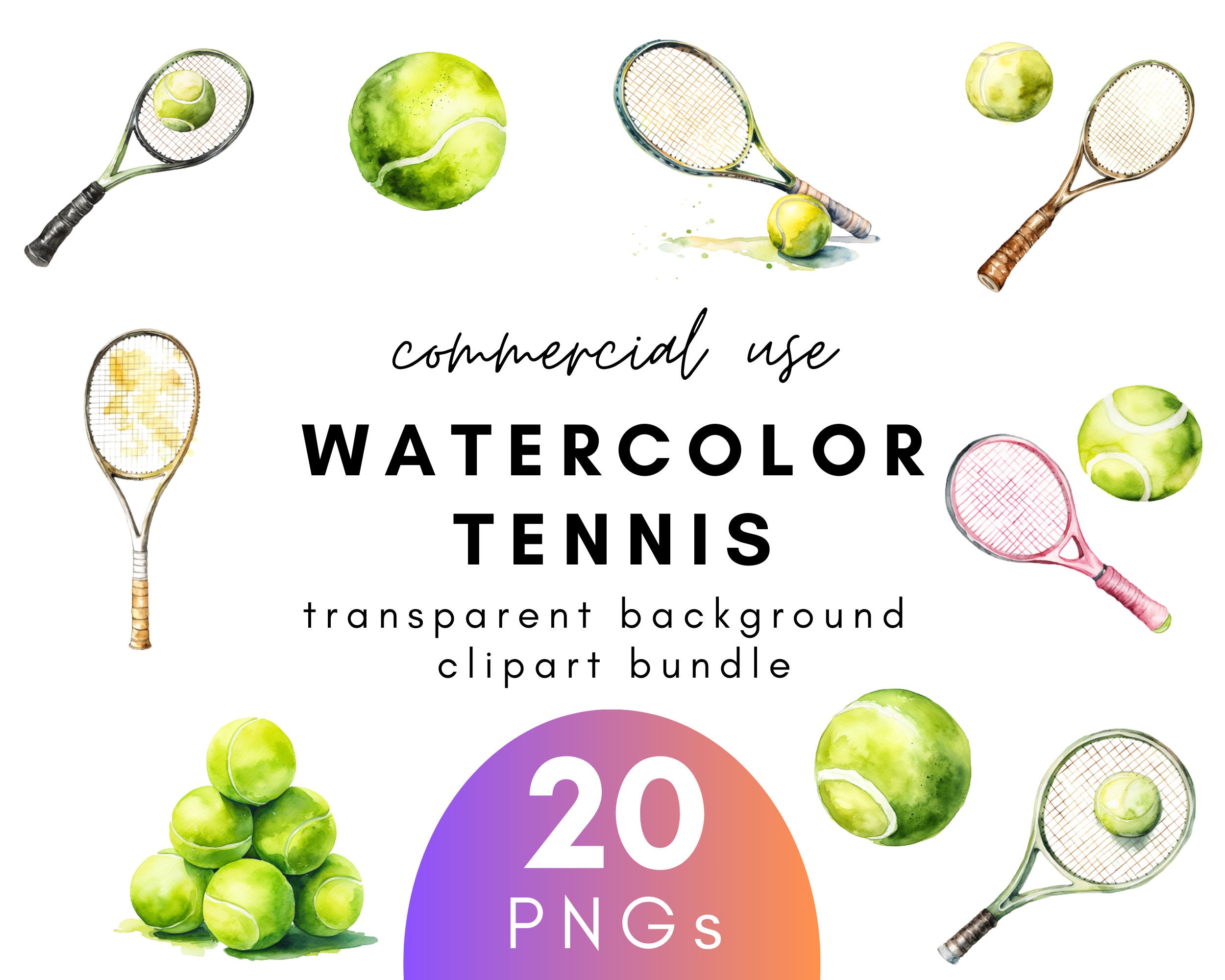 Watercolor Tennis Clipart- 20 Transparent Background PNG Commercial Use ...