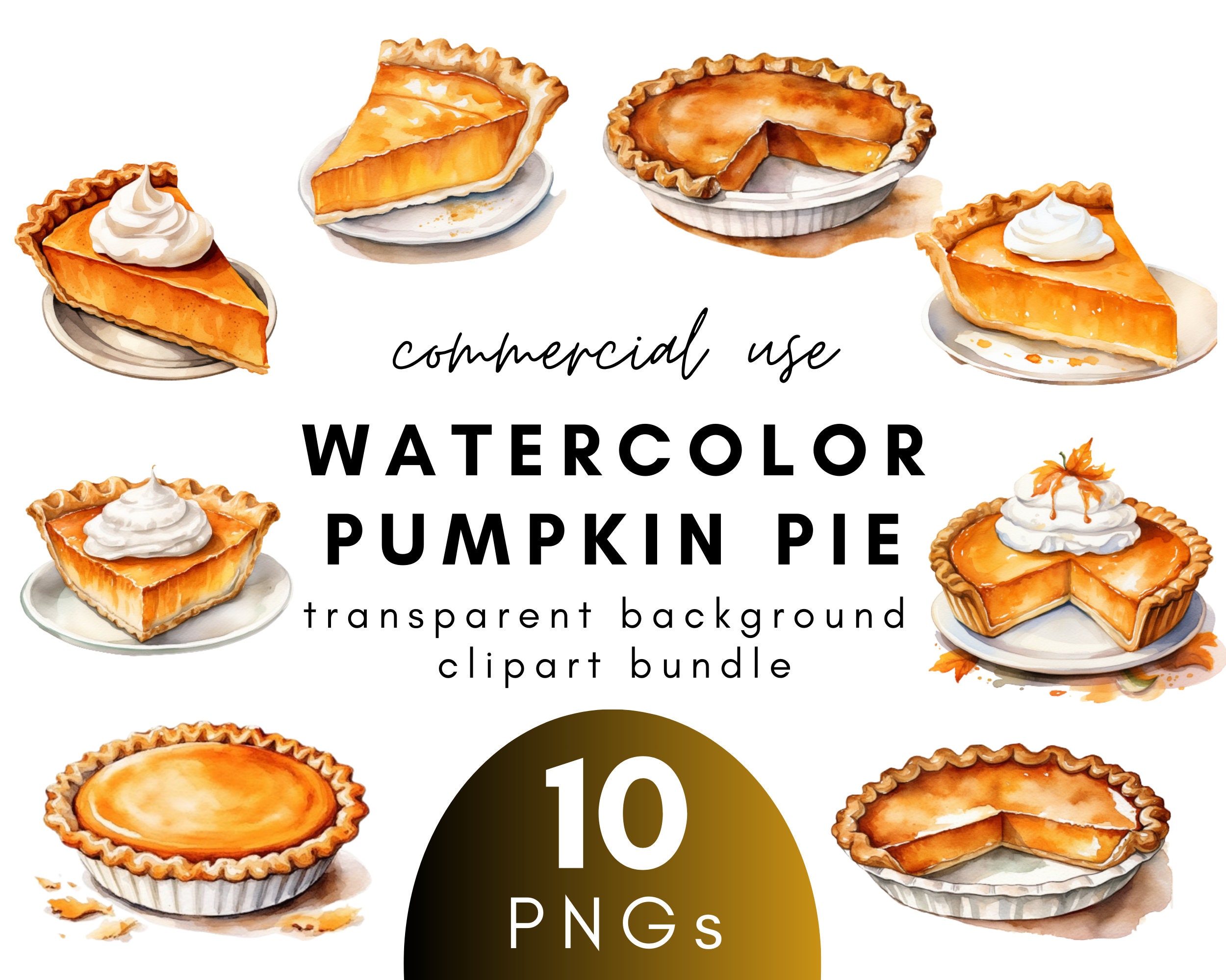 Autumn Watercolor Pumpkin Pie Clipart- 10 Transparent Background PNG ...