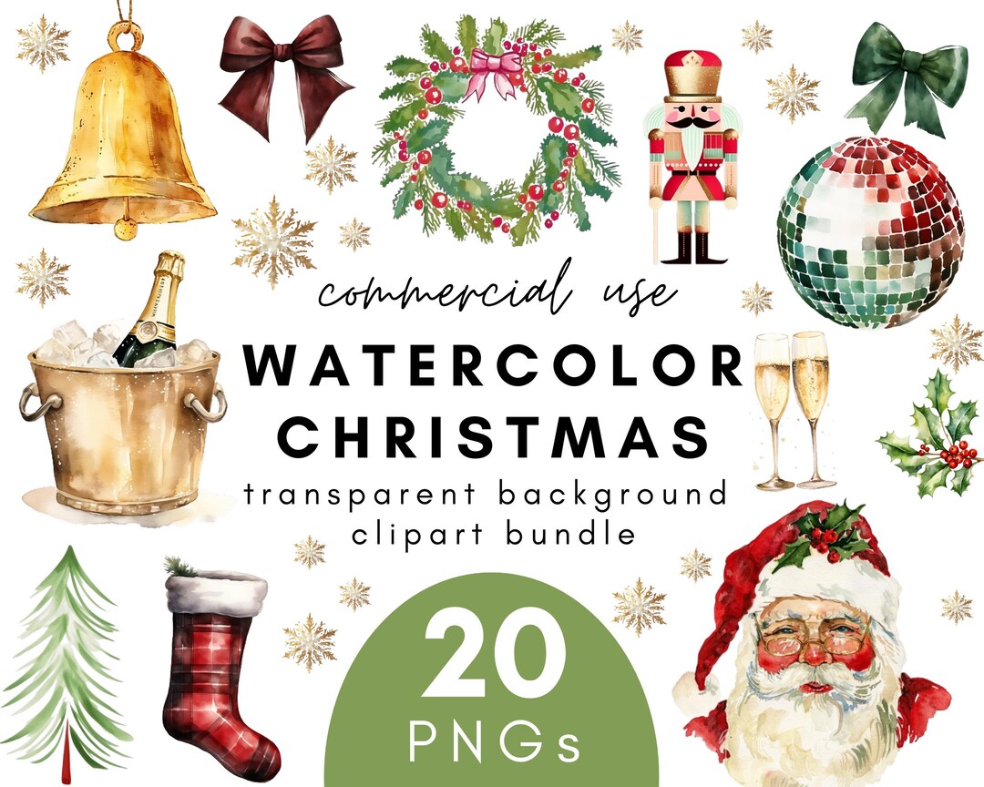 Vintage Watercolor Christmas Clipart Bundle- 20 Transparent Background ...