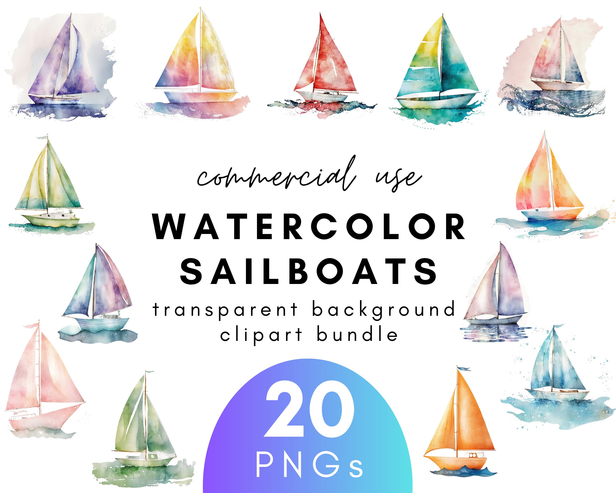 Nautical Watercolor Sailboat Clipart- 20 Transparent Background PNG ...