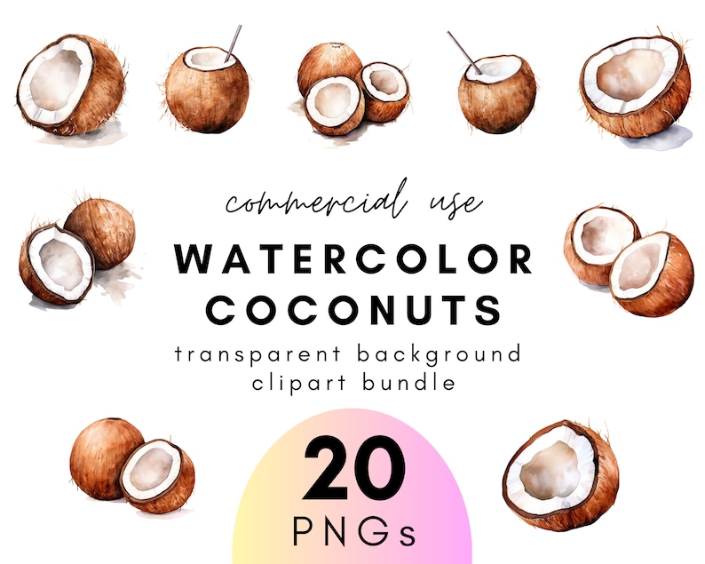Tropical Watercolor Coconut Clipart- 10 Transparent Background PNG ...